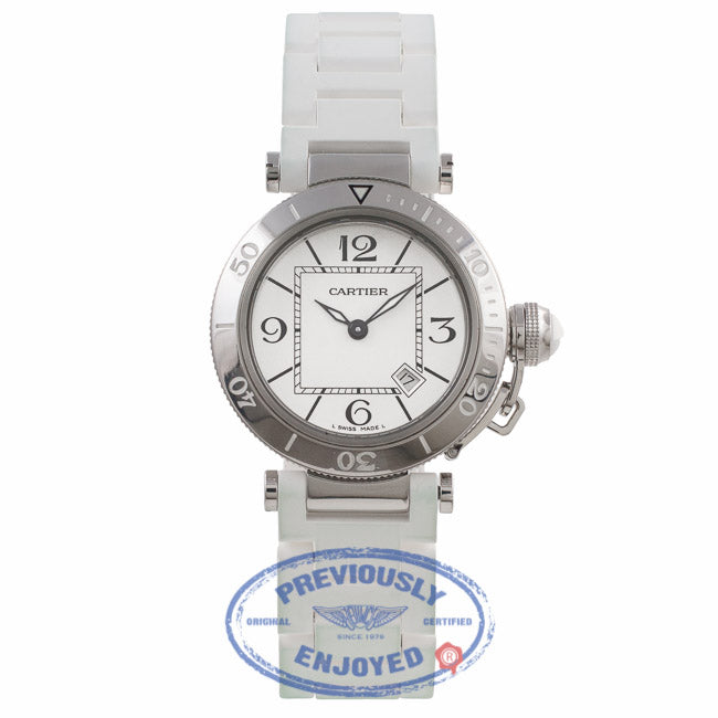 Cartier Pasha Seatimer 33MM Stainless Steel Silver Dial White Rubber ...