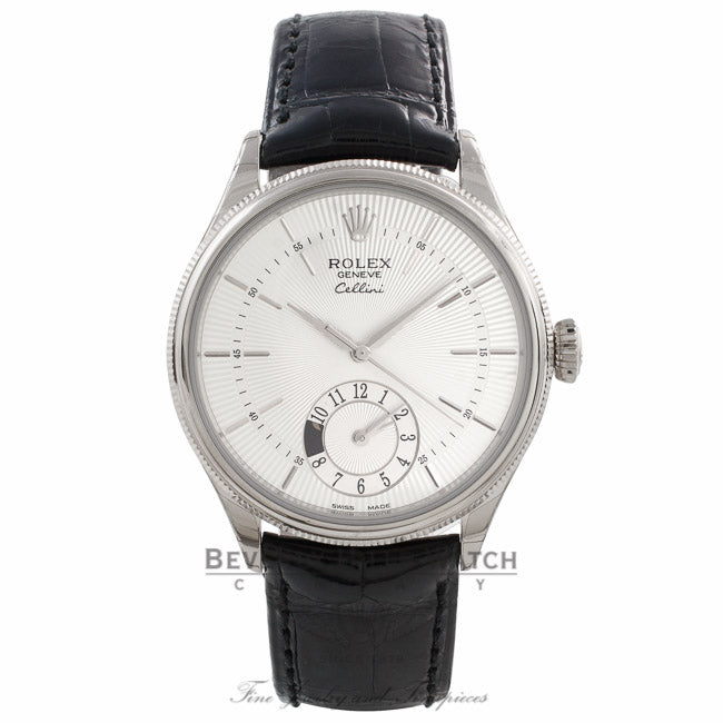 Rolex Cellini Dual Time 39MM 18k White Gold Silver Dial 50529 - Beverly ...