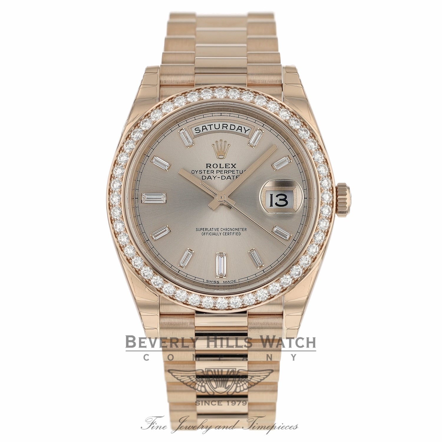 Rolex Day-Date 40mm Everose Gold President Sundust Diamond Baguette ...