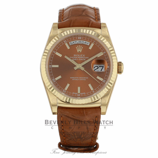 Rolex Day-Date President 36MM 18K Yellow Gold Cognac Dial Alligator ...